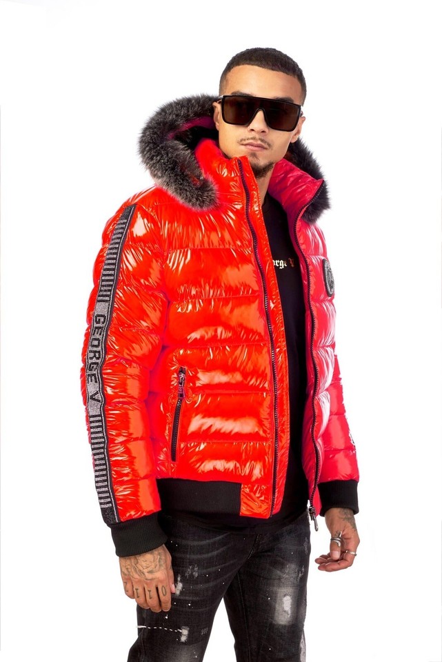 Avenue George V Paris Puffer Jacket Red Rhinestone Warm High Fur on ...