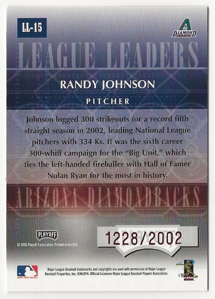 2003 Prestige Randy Johnson League Leaders Diamondbacks LL-15 1228/2002 ...