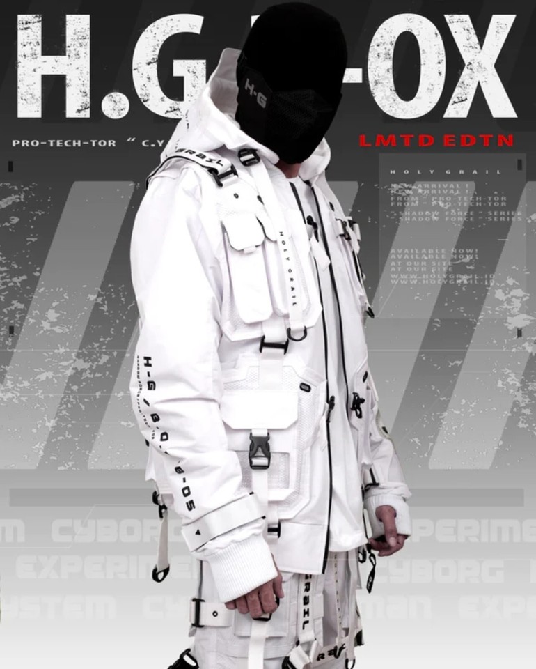 Men's Techwear White Jacket Hoodie Full Zip Buckle Holygrail H.G.B-0X ...
