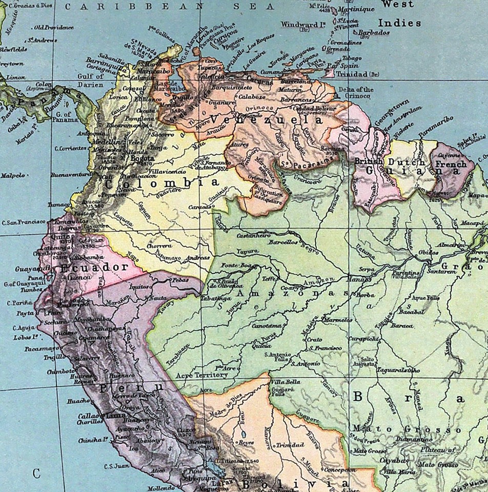 1907 Map South America Brazil Chile Peru Argentina Colombia Venezuela ...