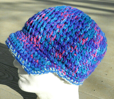 Sturdy Dark Blue/Red/Violet Crocheted Hat with a Visor - Handmade by ...