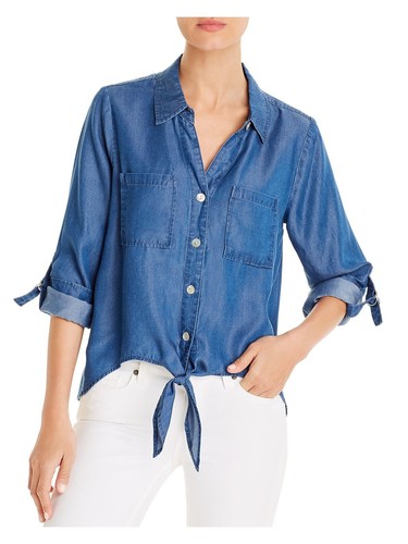 ALISON ANDREWS Womens Blue Pocketed Tie Front Roll-tab Sleeve Collared ...