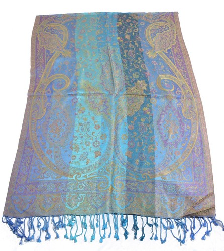 BLUE and GREEN 100% Silk Scarf Soft Lightweight Bohemian Paisley Wrap ...