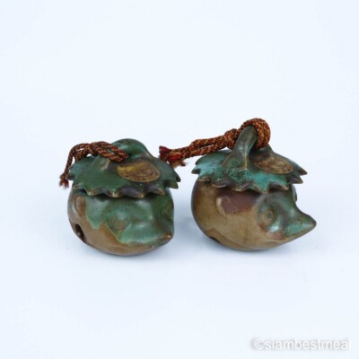 2x Vtg Japanese Clay Bell Ceramic Vintage old Green Kappa Japanese Clay ...