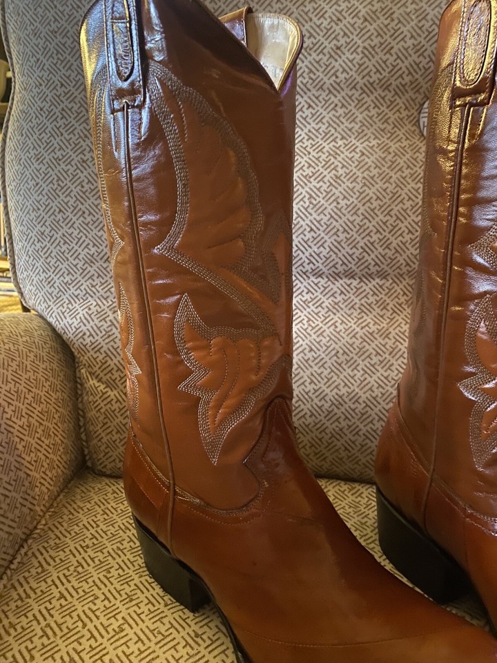 VNTG Handmade Leon Mexico EEL Hand stitched Cowboy Leather Boots NIB Sz ...