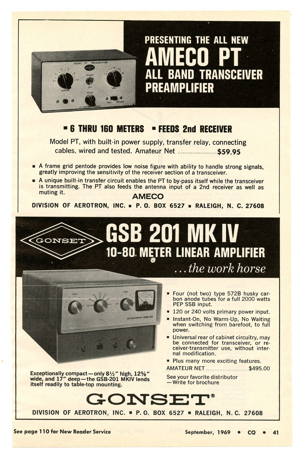 CQ Ham Radio Mag. Ad AMECO Model PT & GONSET Model GSB-201 MK IV Amp (9 ...