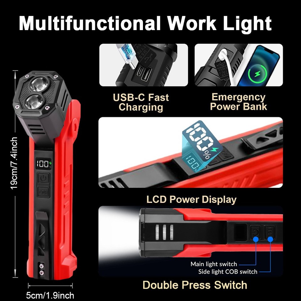 Rechargeable LED COB Work Light Mechanic Flashlight Lamp Magnetic Base ...