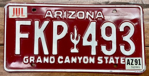 V. COOL 1991 ARIZONA CLASSIC MAROON LICENSE PLATE FKP 493, SCREW ...