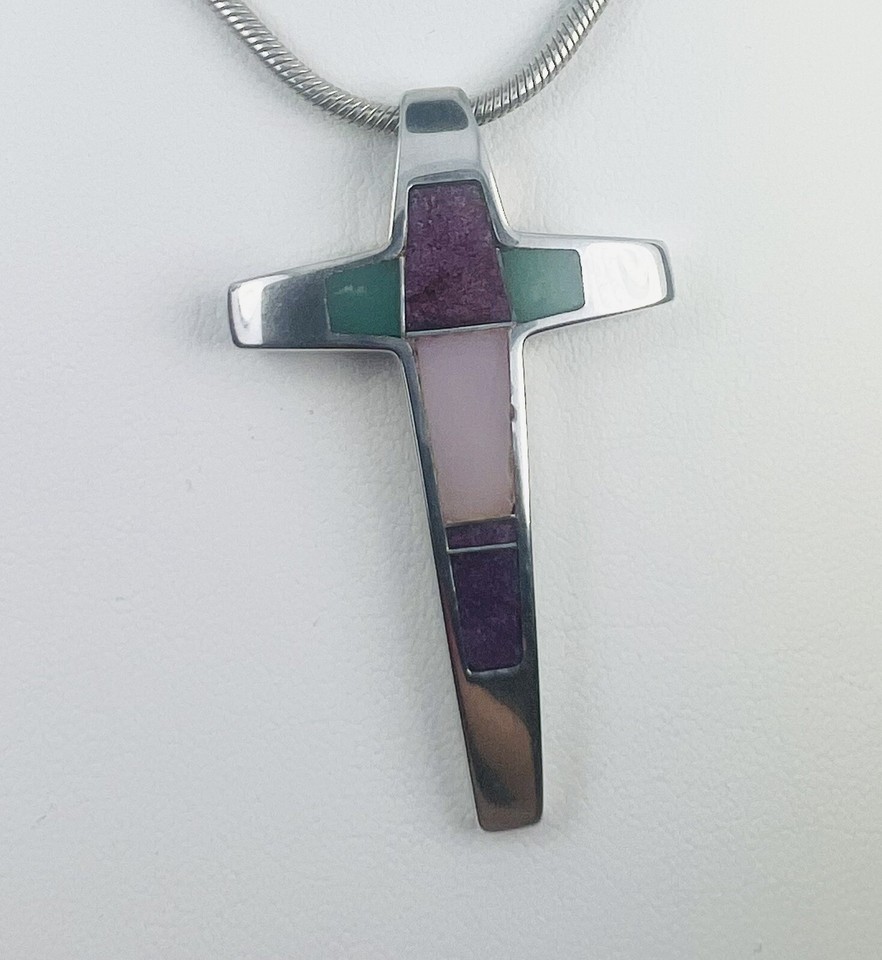 Navajo RAY TRACEY Multi-Gemstone Inlay 925 Old World Cross Pendant ...