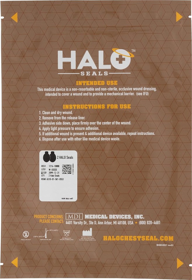 Halo Chest Seals IFAK EMT EMS Emergency Dressing for Wounds - 2 Per ...