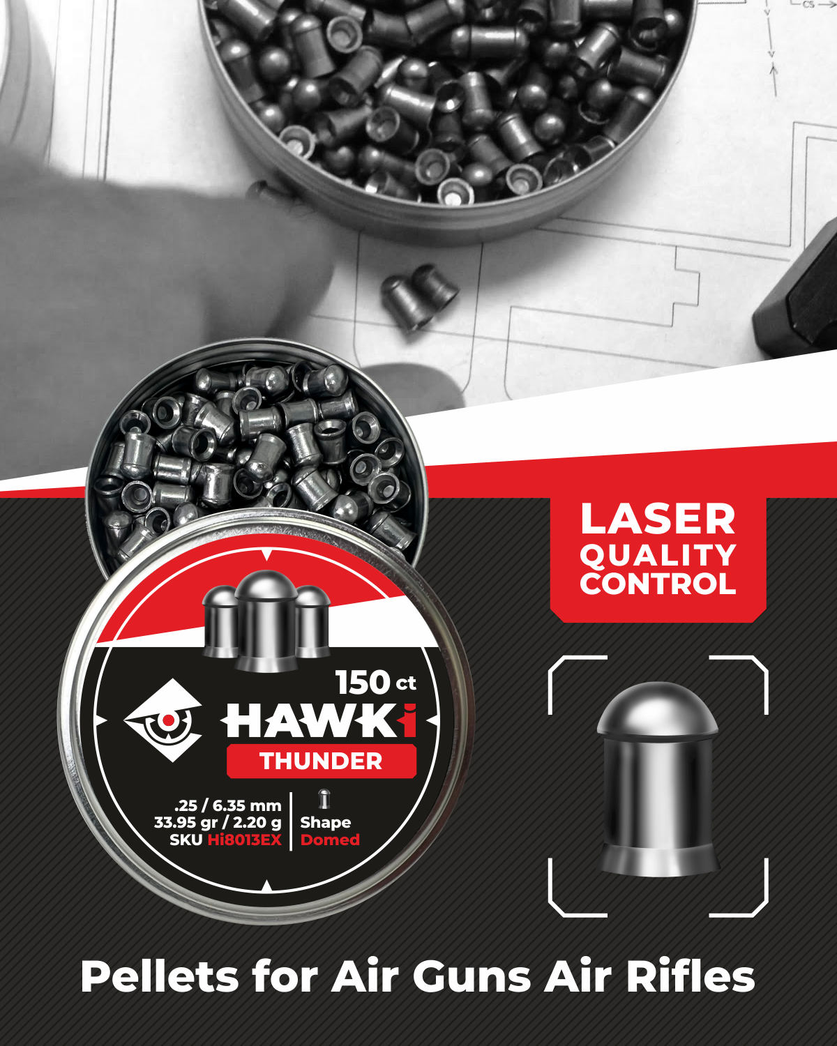 Hawki Airgun Pellets .25 / 6.35mm Caliber 33.95 gr /2.20 g 150 ct ...