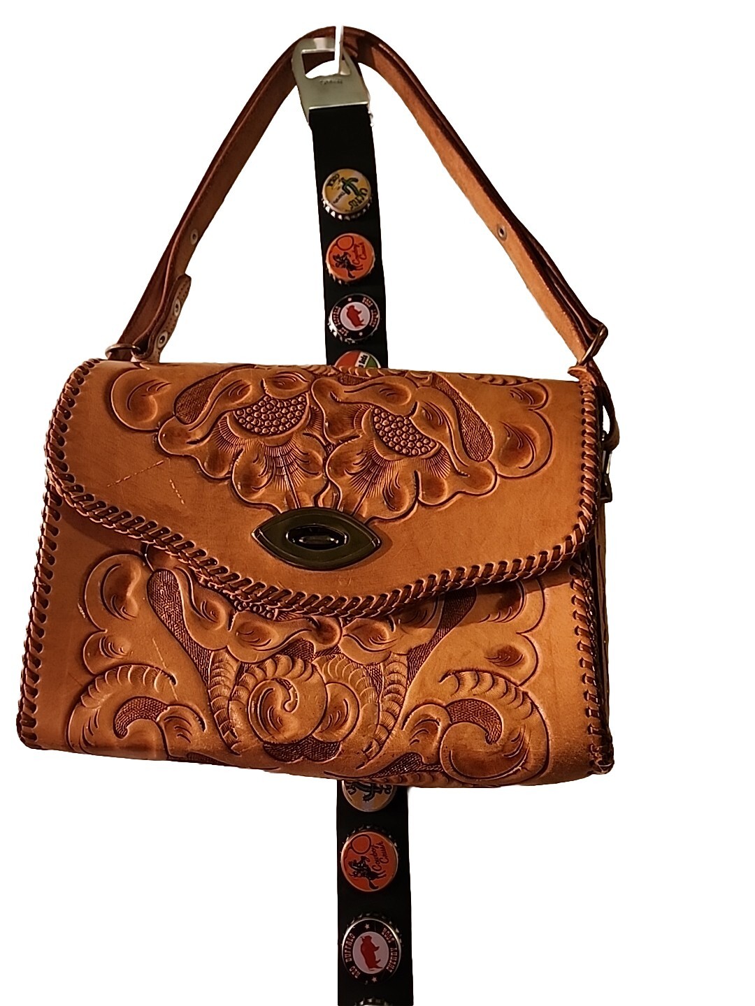 Leather 80s TOOLED Adjustable Handle Bag. Artesian floral Patterns | eBay