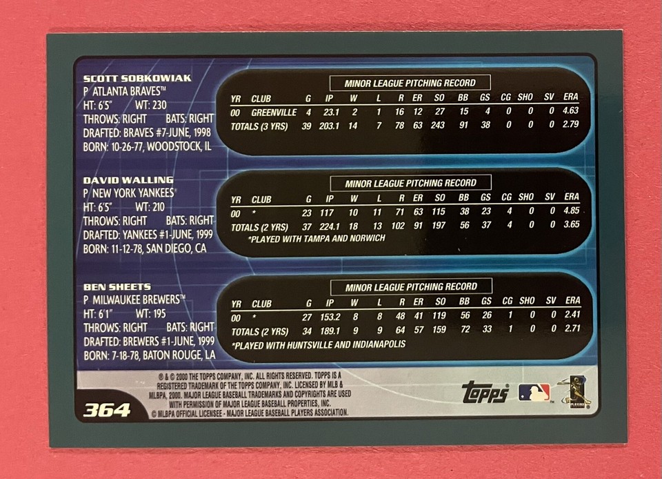 2001 Topps #364 Ben Sheets Scott Sobkowiak David Walling RC Baseball ...