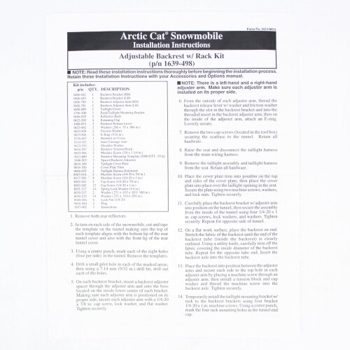 Genuine Arctic Cat Adjustable Backrest W/ Rack Kit Part Number - 1639 ...