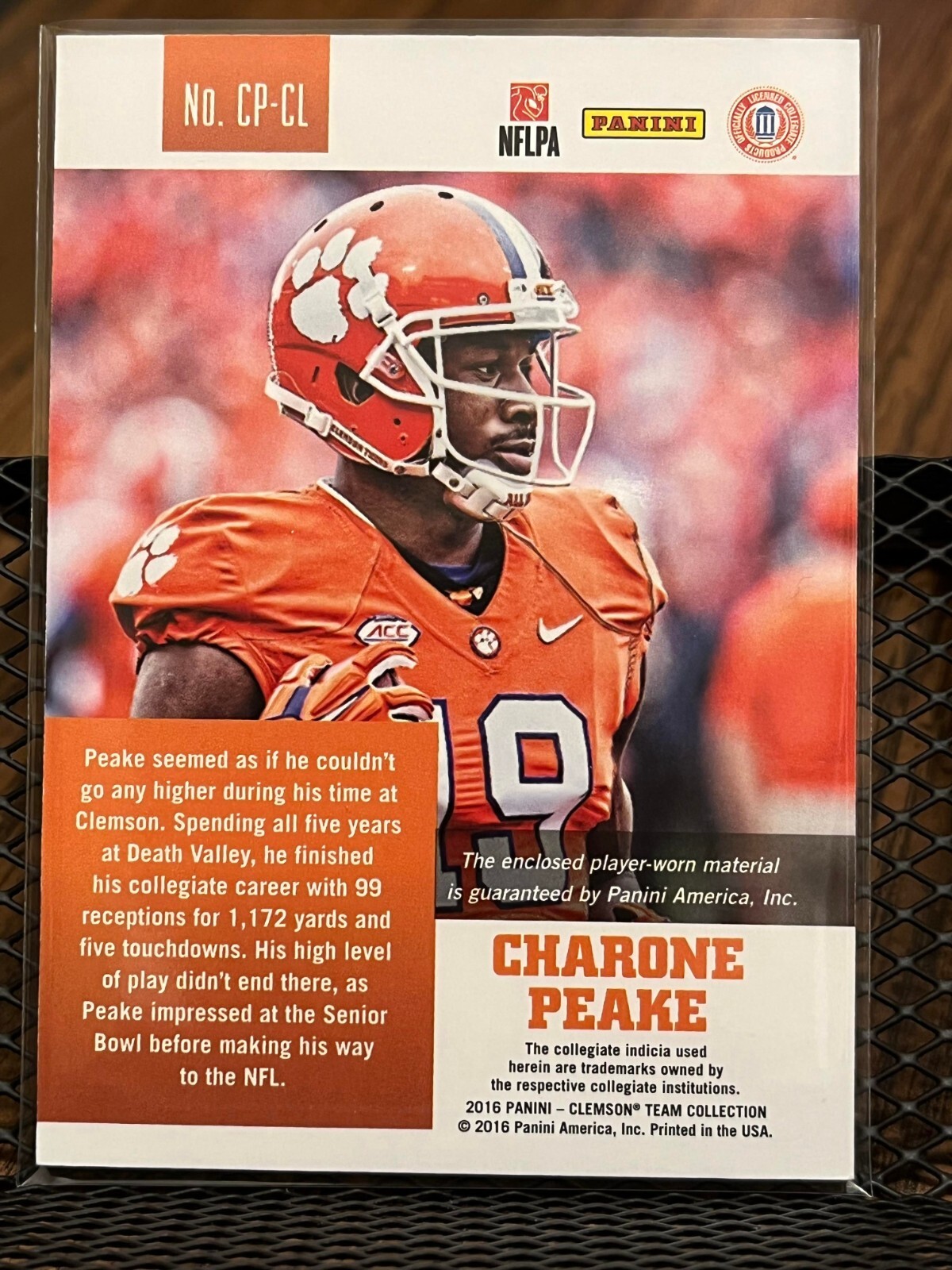 CHARONE PEAKE 2016 PANINI TEAM COLLECTION CLEMSON WORN JERSEY ROOKIE ...