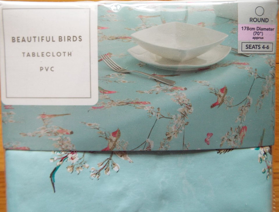 DUNELM BEAUTIFUL BIRDS DUCK EGG BLUE PVC ROUND TABLECLOTH 70" DIAMETER ...