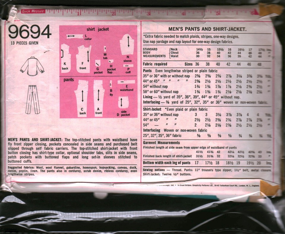 9694 Vintage Simplicity SEWING Pattern Mens Shirt Jacket Pants 1970s 40 ...