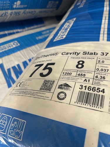 Knauf DriTherm 37 Cavity Insulation 75mm 4.36m2 Per Pack - 6 Packs New ...