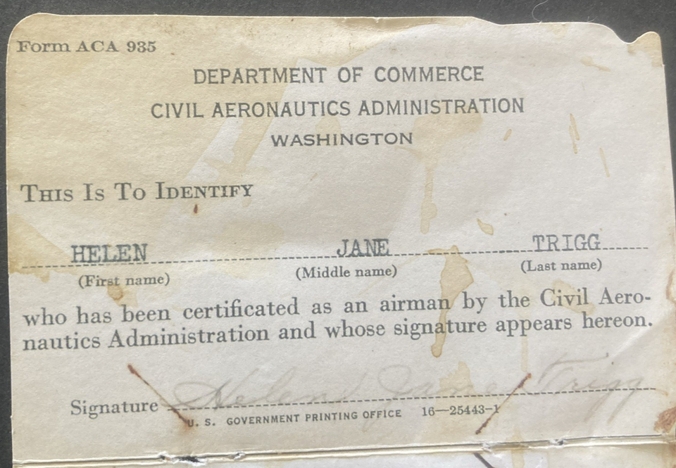 WWII WOMEN AIR FORCE SERVICE PILOT (WASP) LICENSE - HELEN JANE TRIGG | eBay