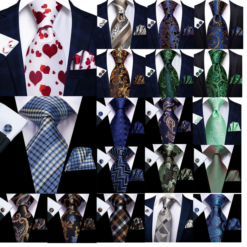 Mens Tie Striped Solid Paisley Necktie Hanky Cufflink Set Wedding Prom ...