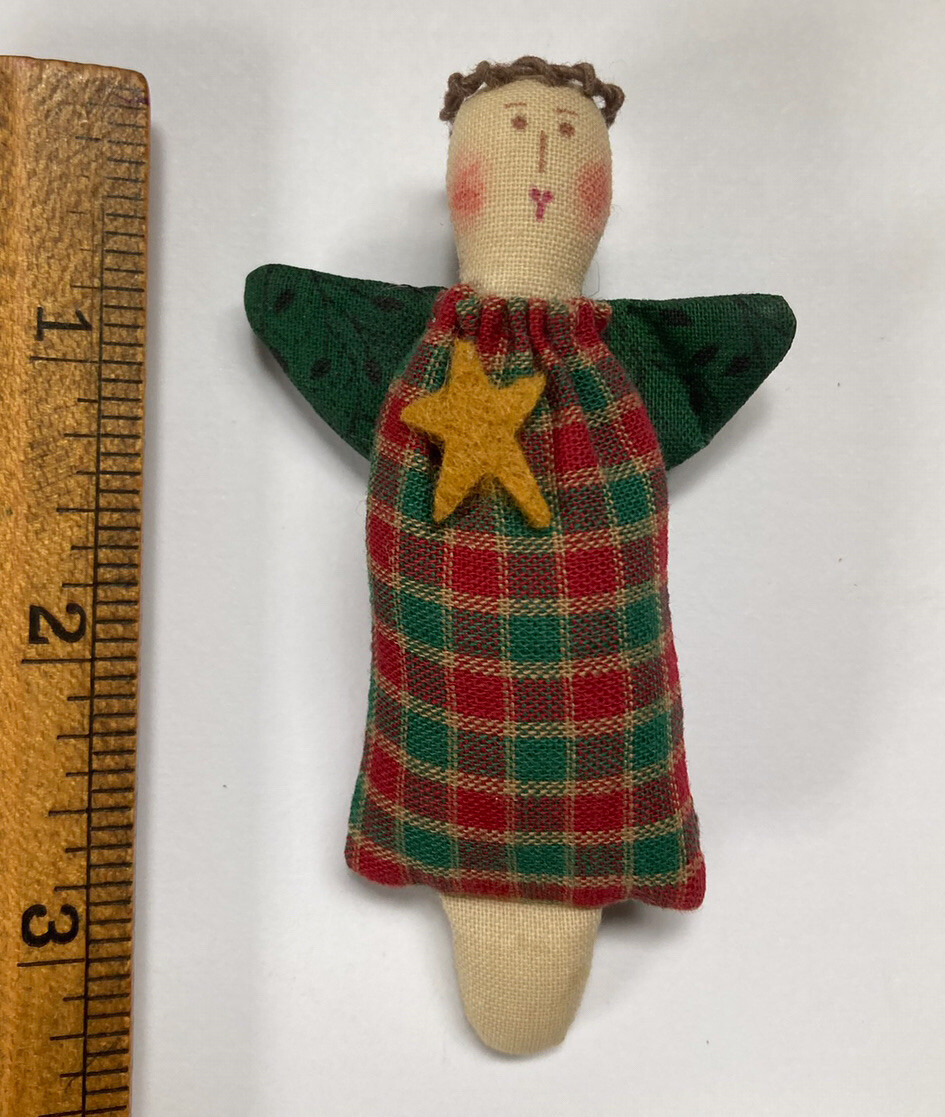 Handmade Folk Art Angel Doll Pin Stuffed Plaid Fabric 3” Vintage Signed ...