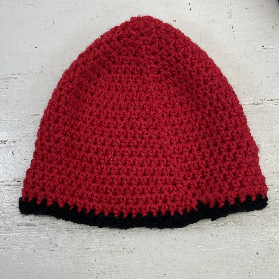 Handmade Red Crochet Knit Beanie Boggin Hat Winter Black Rim One Size ...