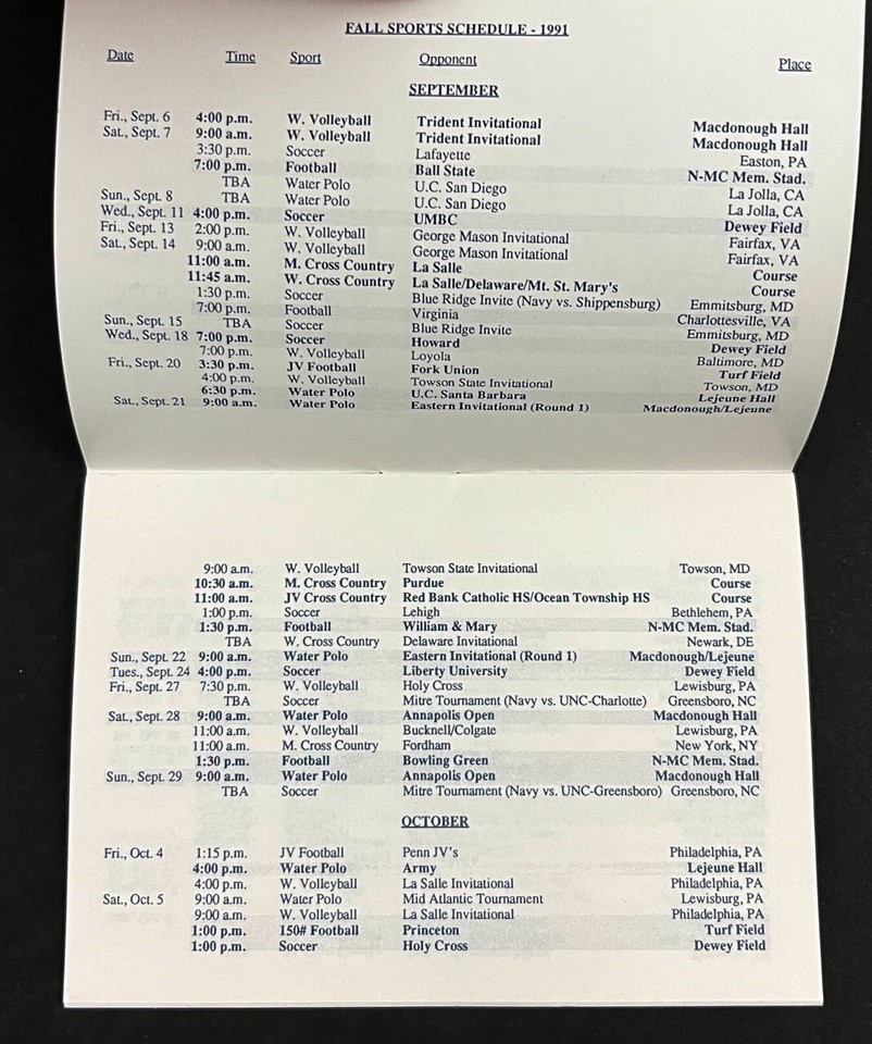 1991 US Naval Academy Navy Midshipmen Fall Sports Schedule Vintage ...