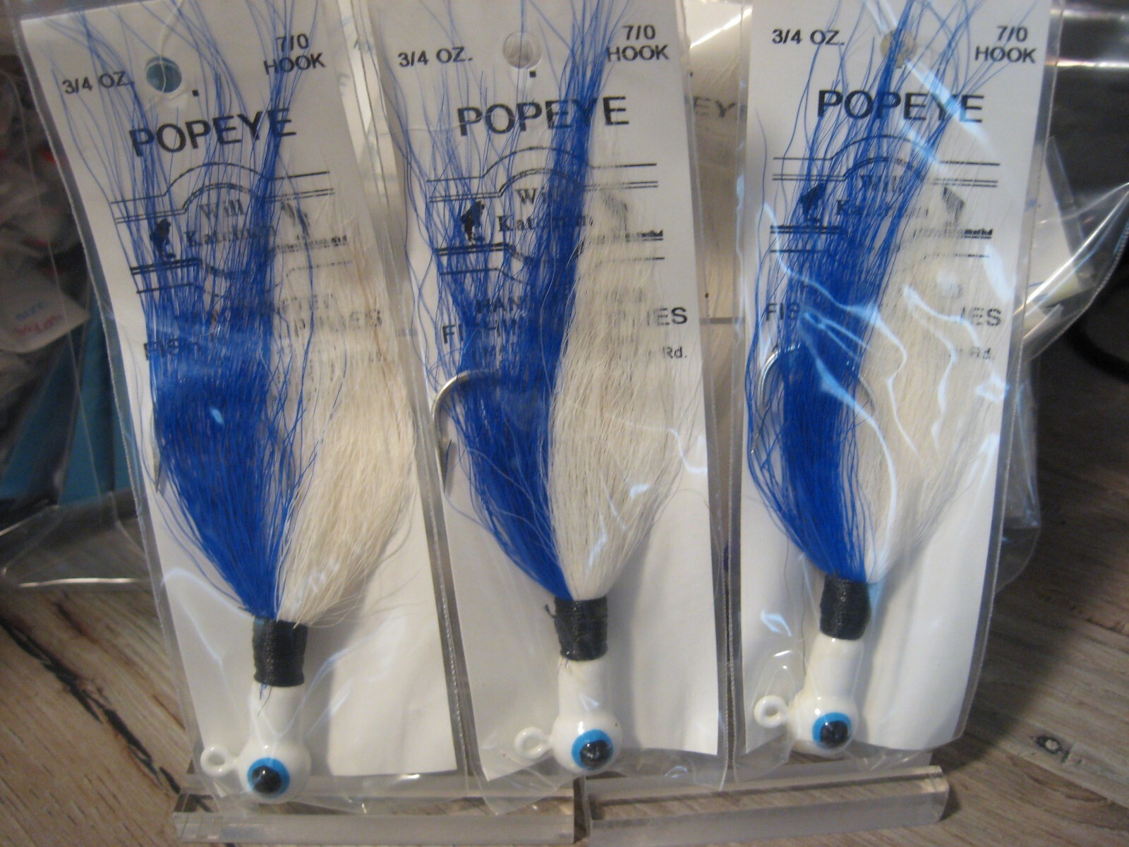 3 Katchum 3/4 Oz Popeye Fishing Jigs Blue & White Bucktail Black Wrap ...