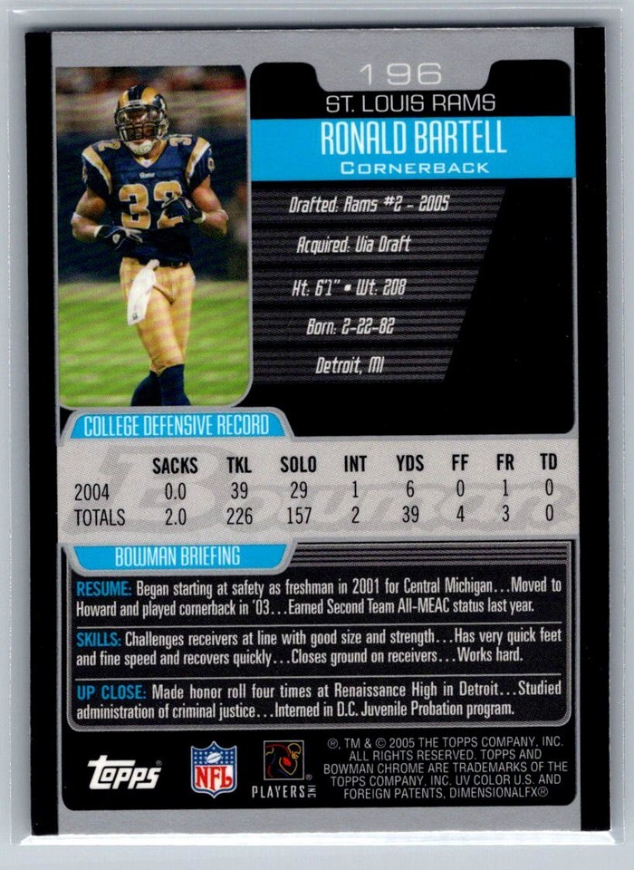 2005 Bowman Chrome Rookie RC #196 Ronald Bartell St. Louis Rams | eBay