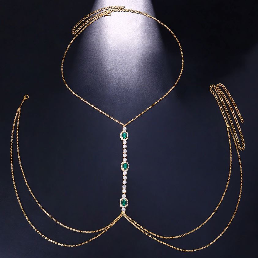 Green Crystal Chest Chain Harness Stainless Steel Belly Waist Chain ...