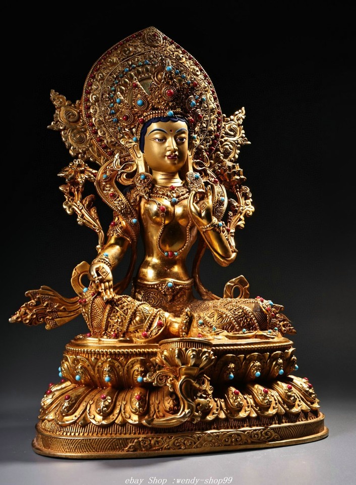 14"Bronze Gilt inlay Gem Mahayana enlightenment Goddess Green Tara ...