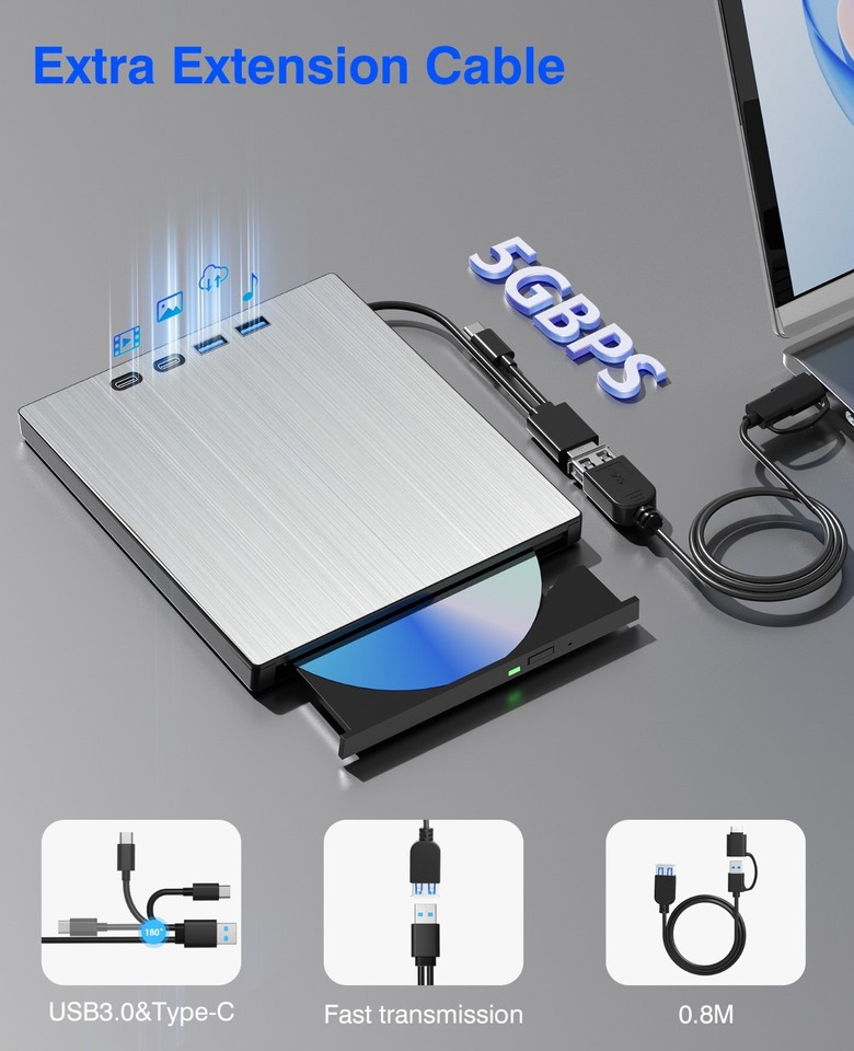 7-IN-1 External Blu ray Drive with Extension Cord CD DVD RW Burner for ...