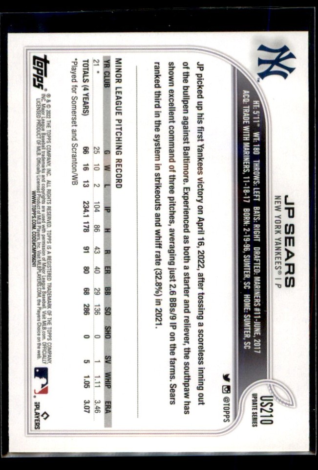 2022 TOPPS UPDATE JP SEARS RC NEW YORK YANKEES #US210 | eBay