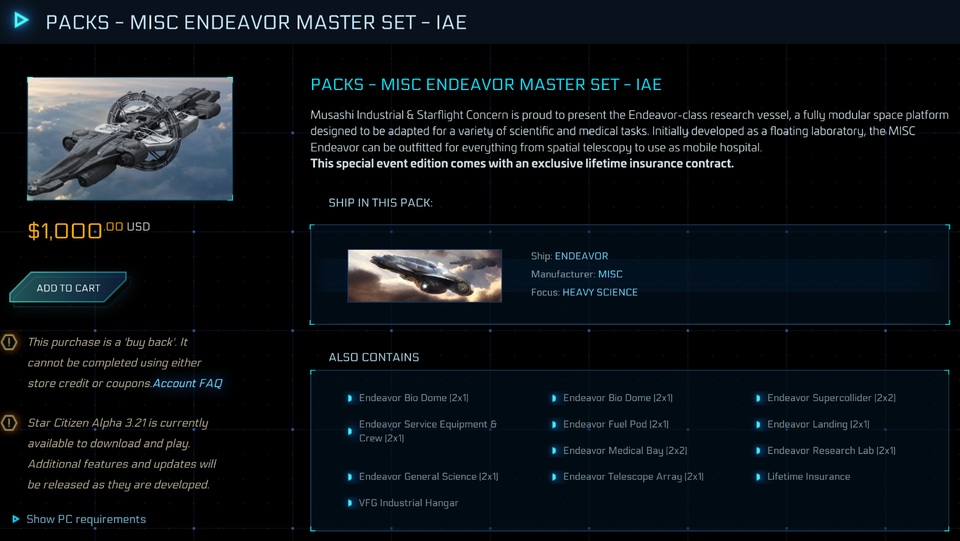 Star Citizen MISC Endeavor Master Set - LTI / Lifetime Insurance + All ...