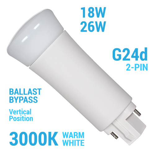 Satco Vertical LED Ballast Bypass 9W 18W 26W CFL PL 2-Pin G24d 3000K ...