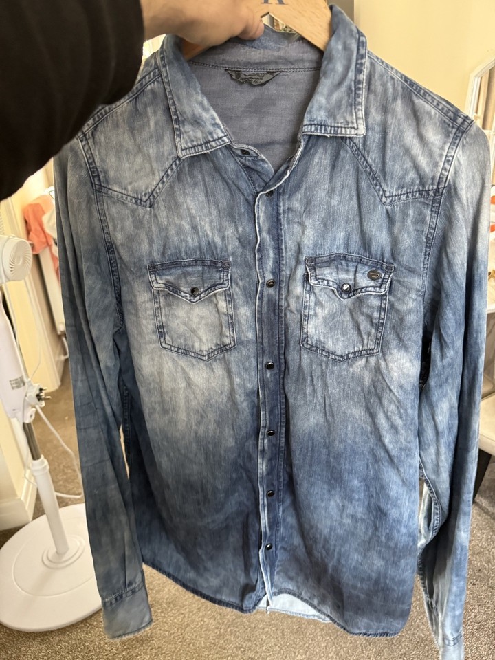 Diesel Men’s Blue Denim Western Pearl Snap Long Sleeve Shirt - Size ...