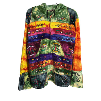 KPC Nepal Womens XXL Hoodie Jacket Full Zip Colorful Peace Sign Boho ...
