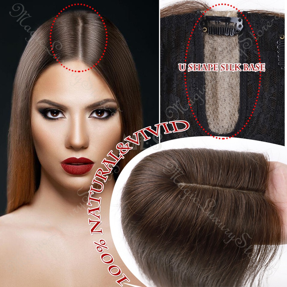 MONO/Silk Top Hairpiece With Bangs Clip In 100% Remy Human Hair Toupee ...