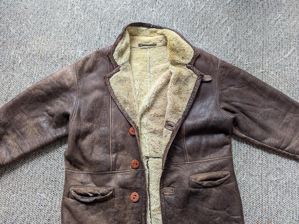 vintage SHEARLING rancher coat SHEEPSKIN brown leather 2XL jacket ...