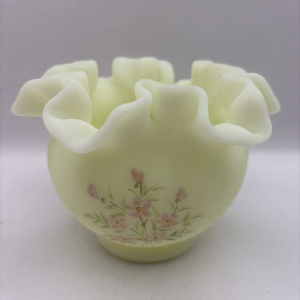 Vintage Fenton Yellow Lime Green Custard Glass Handpainted Flowers ...