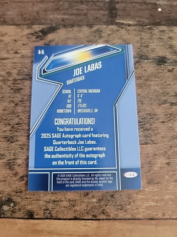 Joe Labas 2026 Sage Low Series Football Autograph Central Michigan | eBay