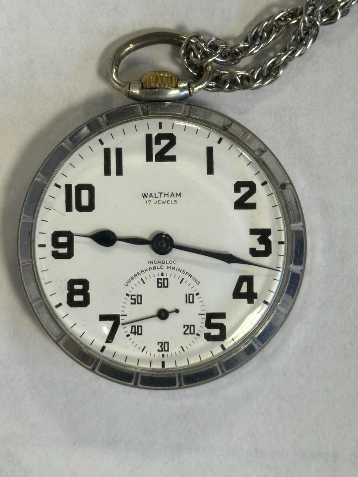 Vintage Waltham 17 jewel Incabloc Unbreakable Mainspring Pocket Watch ...