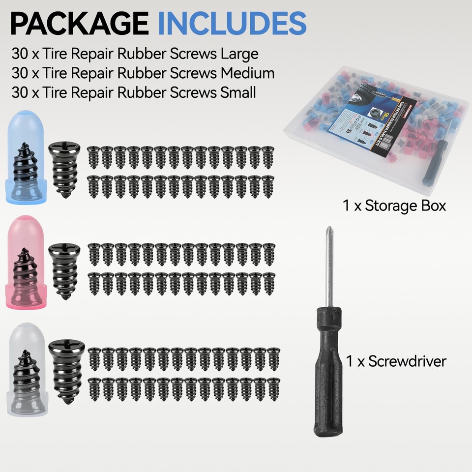 91PCS Car Vacuum Tire Repair Nail Rubber Screw Nails+ ScrewdriverTool ...
