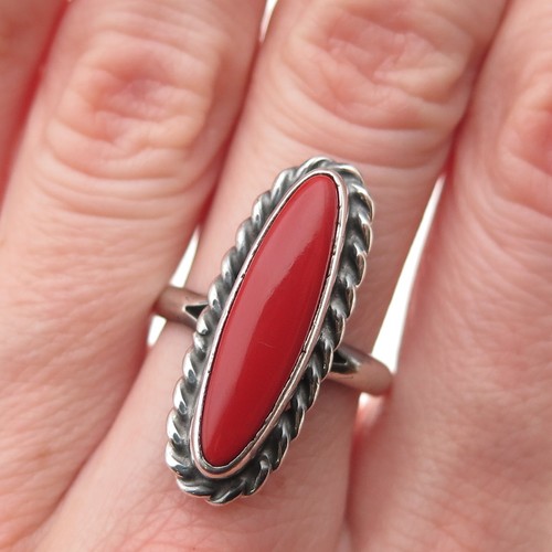 925 Sterling Silver Vintage Mexico Real Coral Oxidized Ring Size 7.25 ...