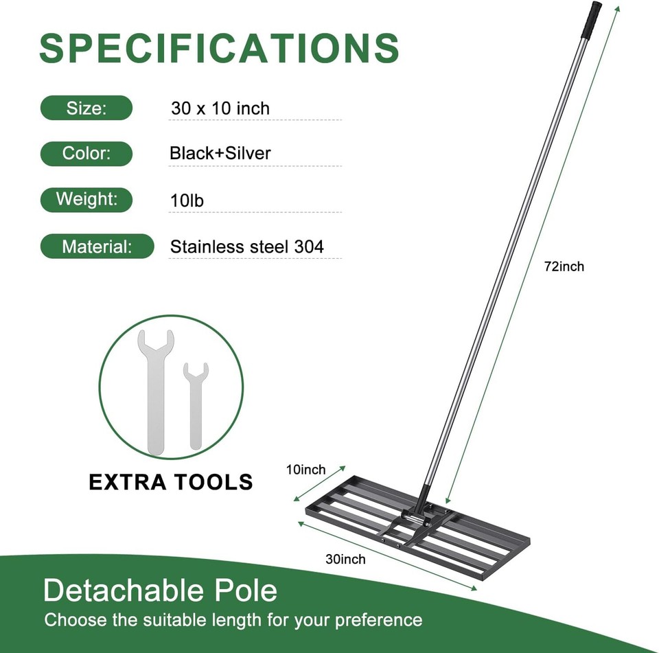 Yumatum Lawn Leveling Rake 30x10 inch 72" Stainless Steel Handle for ...