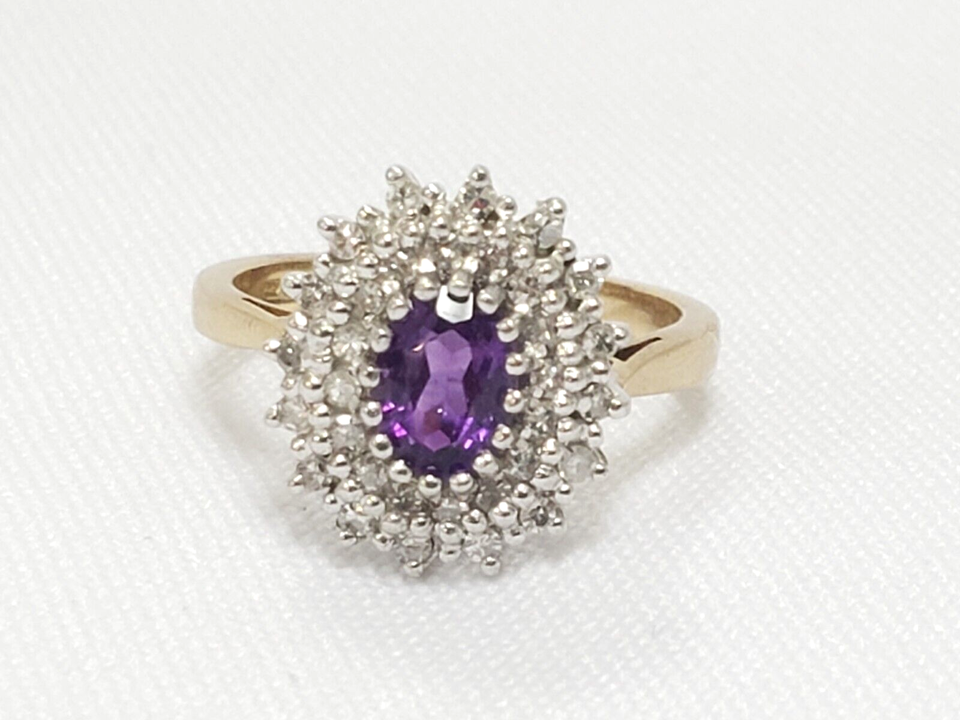 VTG STUNNING ENGLISH HALLMARKED 9K/375 YELLOW GOLD AMETHYST & DIAMOND ...