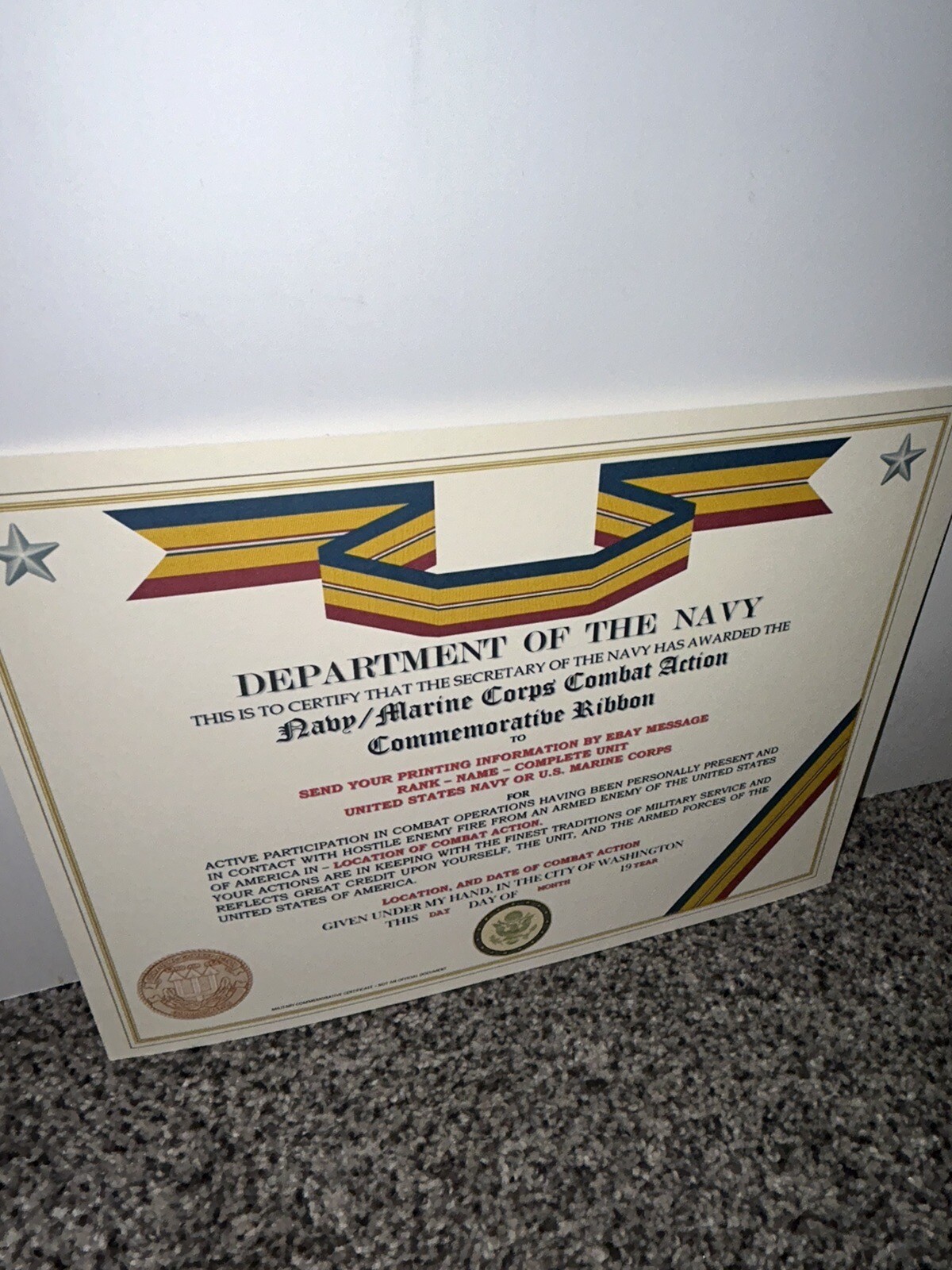 NAVY/USMC COMBAT ACTION RIBBON COMMEMORATIVE CERTIFICATE ~ TYPE-2 / W ...