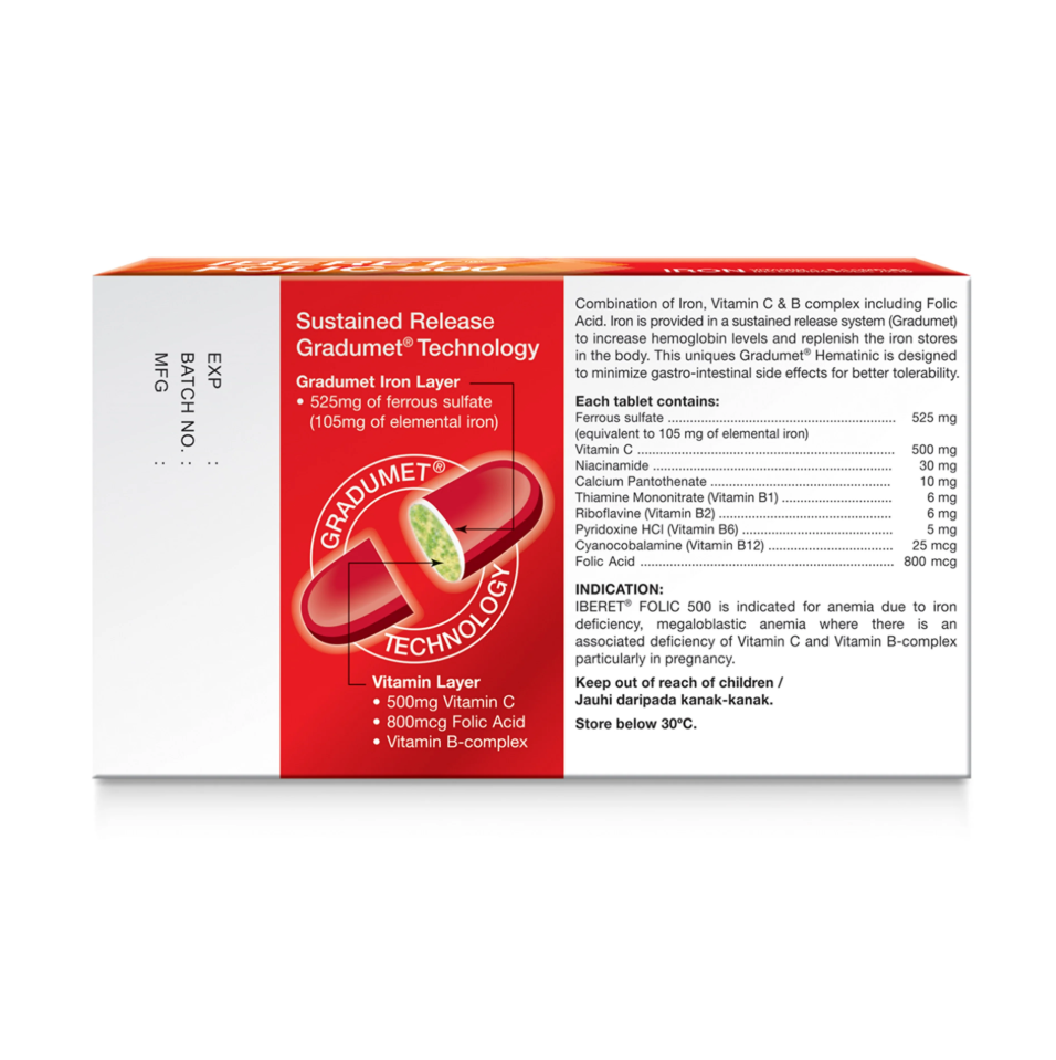 2 x Abbott Iberet Folic 500 30s Supplement Iron Vitamin C B For Anemia ...