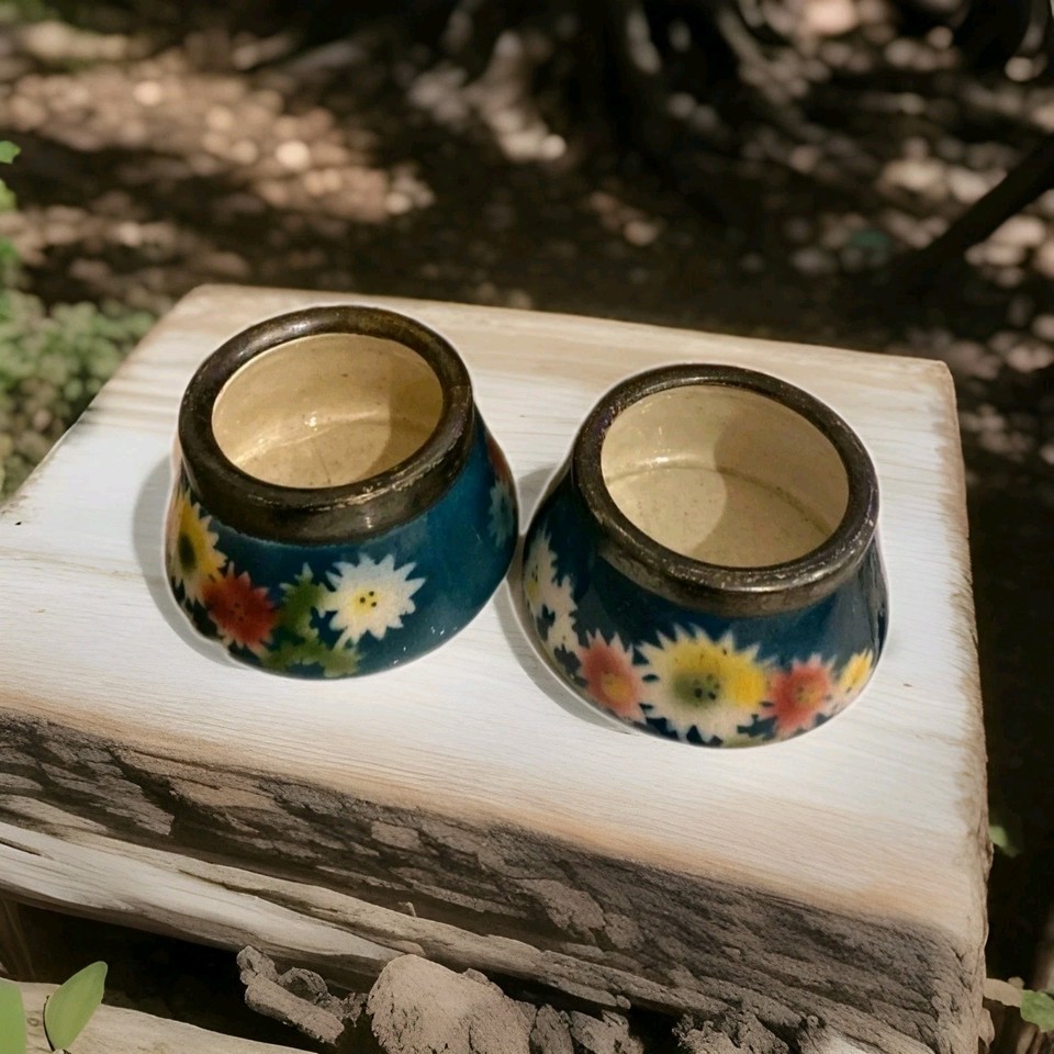 ڿڰۣ DAVID LOEBL POTTERY Two ART NOUVEAU FLORAL DESIGN Collared SALT ...