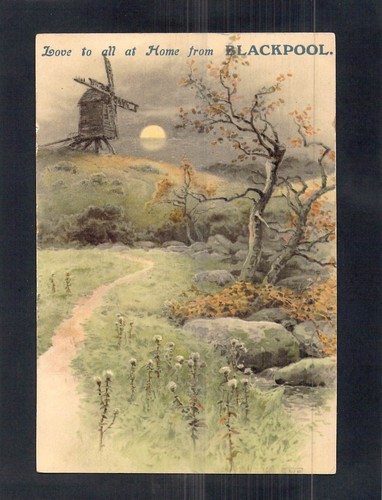 D7240 UK Windmill Scene Blackpool Greetings PU1936 vintage postcard ...
